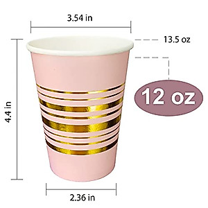 DiggHous KSG Elegant Light Pink and Gold Striped Paper Party Cups 12 oz - Pack of 50 Disposable Cups - Perfect for Bachelorette Baby Shower Birthdays - Hot and Cold Beverages