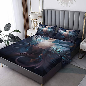 Phoenix Sheets Full Size, Bird Bed Sheets, Patterned Bedding Sheets & Pillowcases 4 Piece Set - Soft Microfiber Deep Pocket Fitted Sheet & Flat Sheet & 2 Pillow Cases L5-&-32
