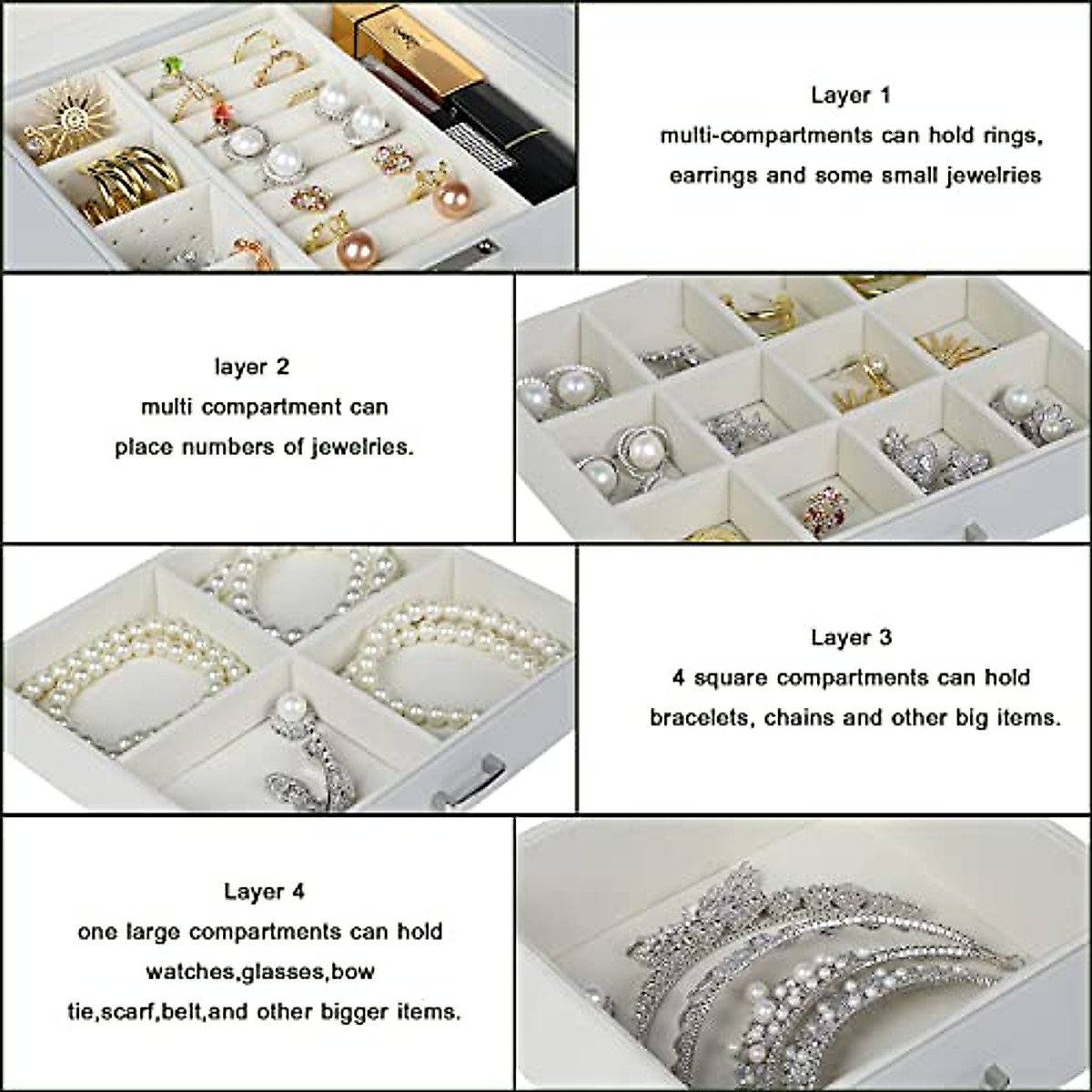 DQUTAR Jewelry Box for Women 4-layer Leather Large Jewelry Organizer Box with Drawers&Mirror for Necklace/Ring/Earring/Watch Storage (Grey)