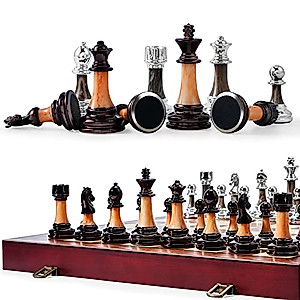 VAMSLOVE Chess Set Large 16''/42cm Folding Wooden Board with Deluxe Weighted Acrylic Chess Pieces - 3.5" King with Storage Slots for Adults House Warming Retirement Gift