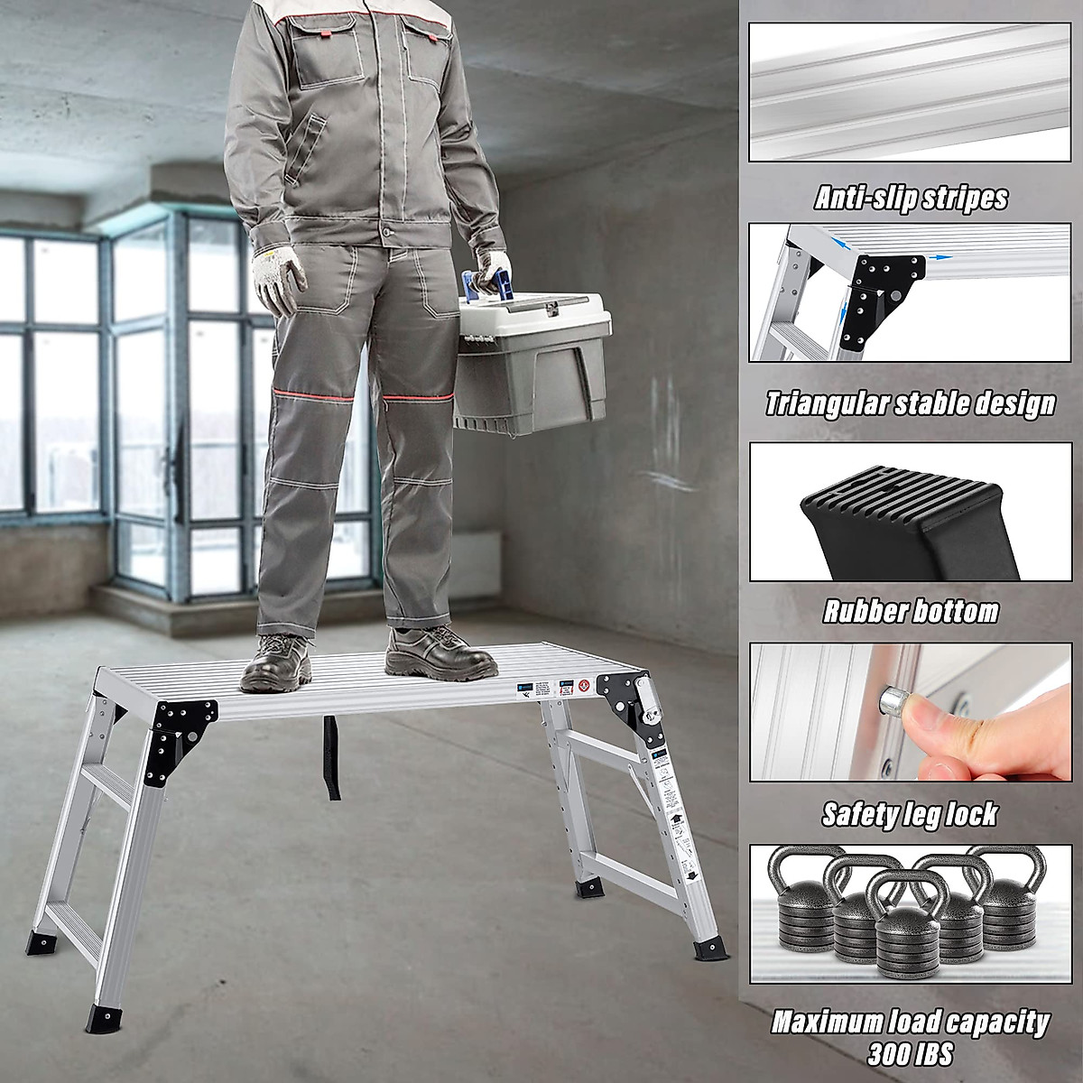 ORIENTOOLS Adjustable Work Platform Step Ladder,Portable Folding Aluminum Step Ladder,Scaffolding Platform of Capacity 330 LBS Heavy Duty,Adjustable Height 25 to 35 inches