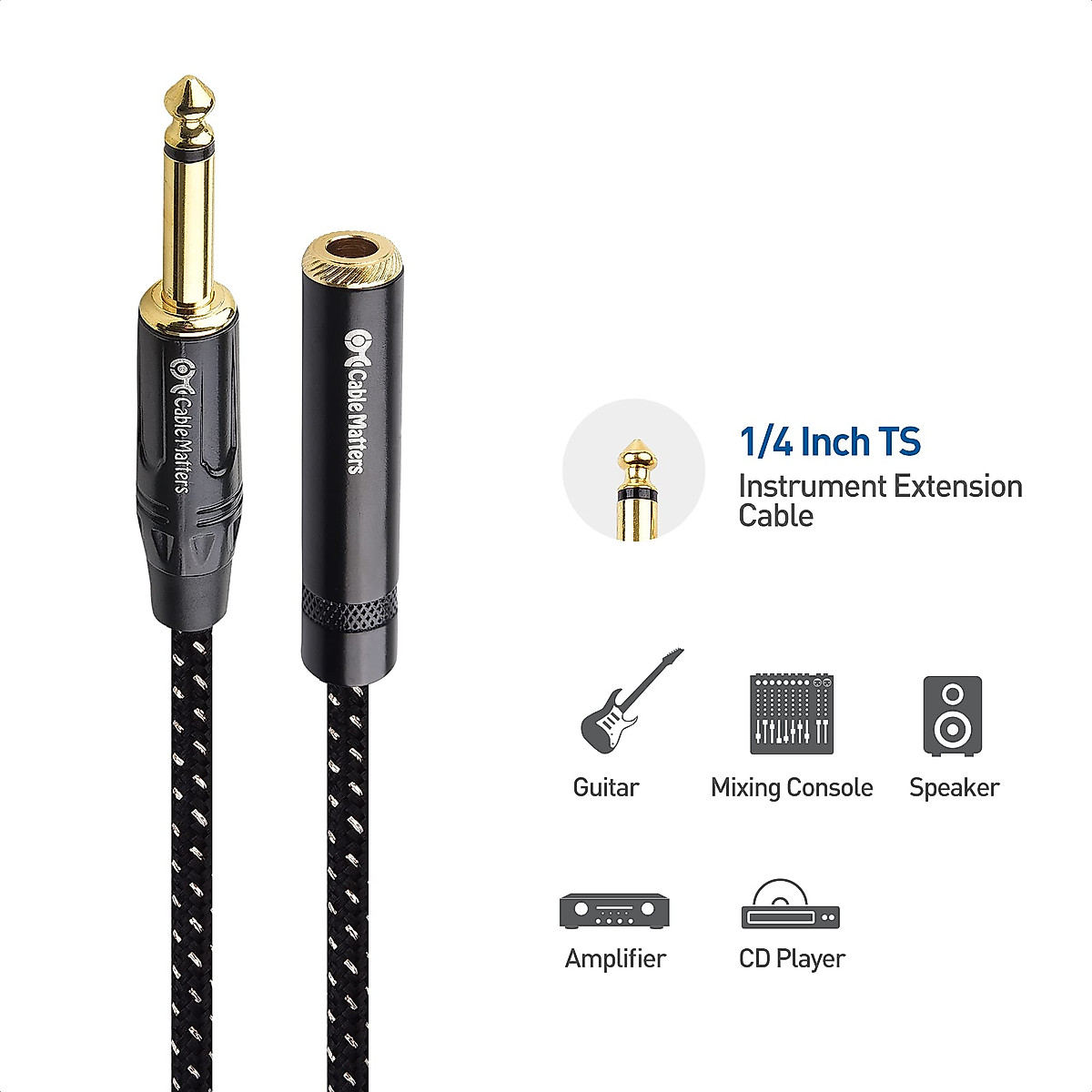 Cable Matters 2-Pack 1/4 Inch Mono TS Extension Cable in Black - 6 Feet / 1.8 Meters, Guitar Extension Cable, 1/4 Instrument Extension Cable