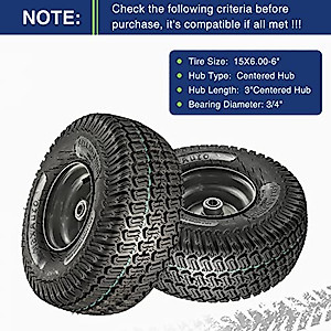 MaxAuto 2Pcs 15X6.00-6 Front Tire and wheel Assembly Replacement for Craftsman John Deere Riding Mowers, 3" Centered Hub with 3/4" Axle Bore,Dark Gray Rim