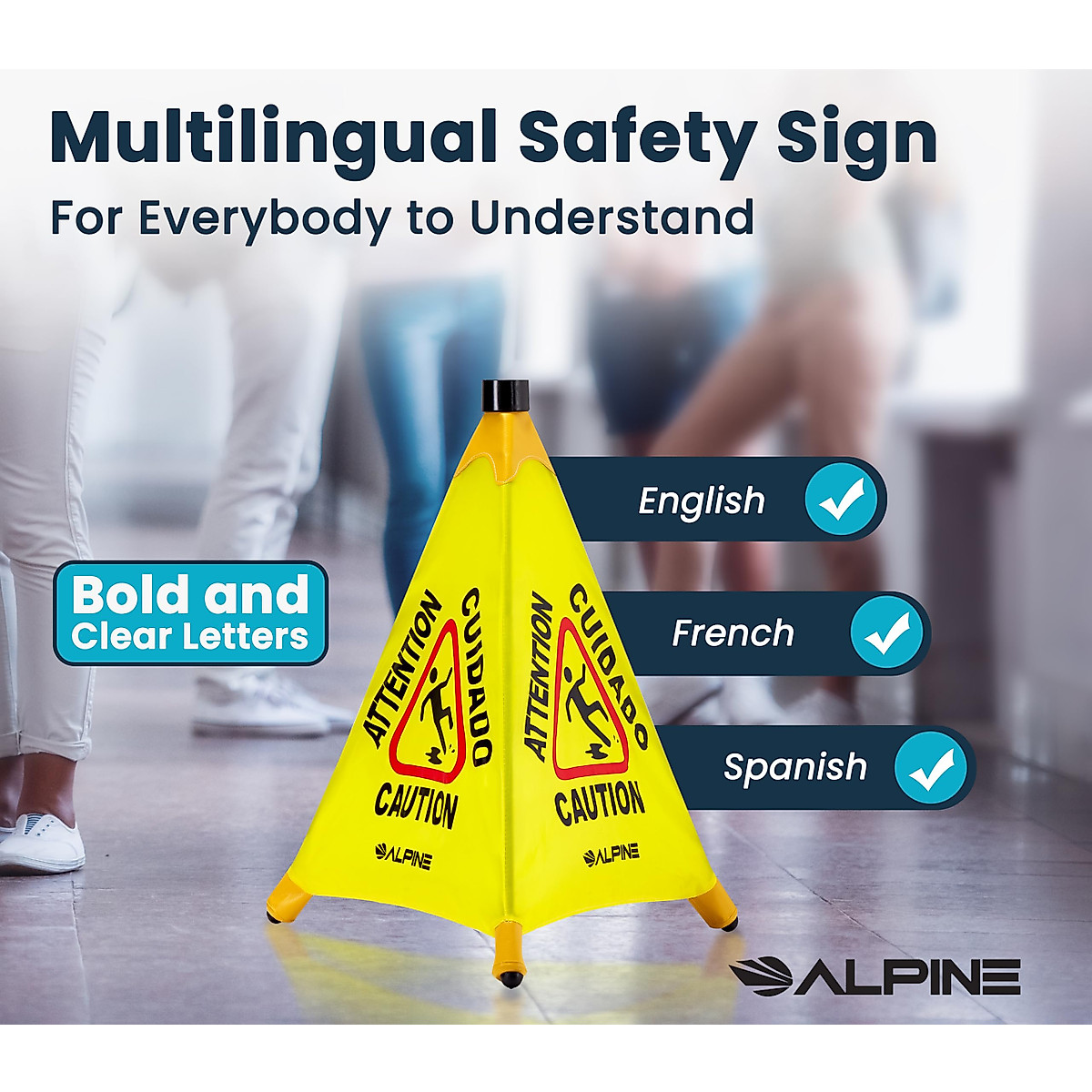 Alpine Caution Wet Floor Sign - Pop Up Slippery When Wet Sign, Wall Mounted Foldable Bilingual Yellow Safety Warning Caution Cone For Commercial & Office Use (30 Inches)
