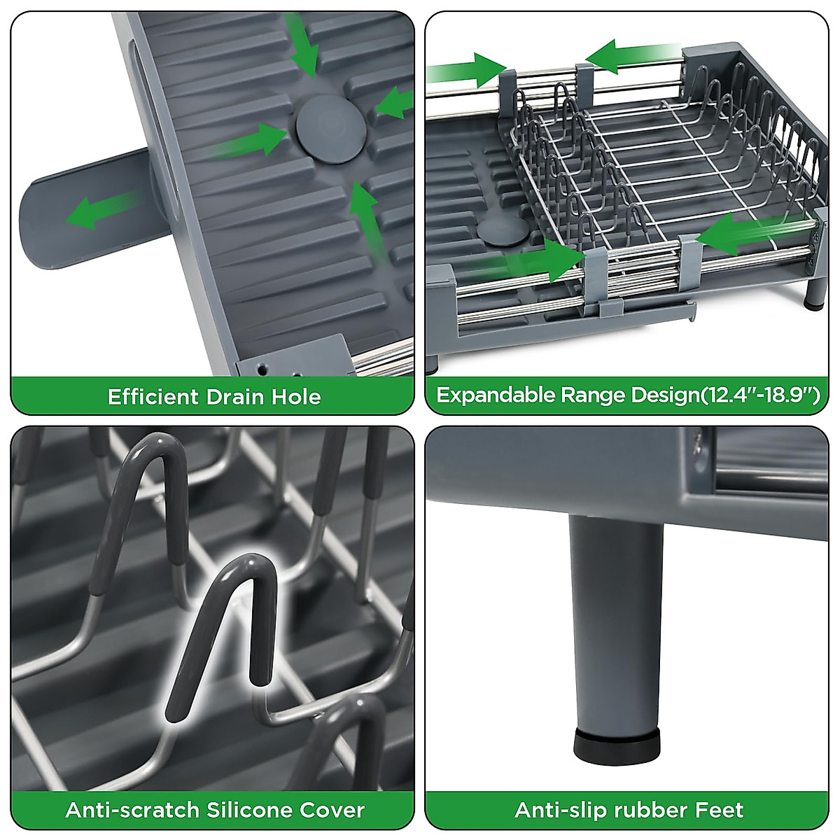 Ollieroo Dish Drying Rack, Rustproof Dish Racks for Kitchen Counter with Removable Utensil Holder,Knife Slots and Cups Holder,Large Capacity Drying Rack for Storage Plates Bowls Cups Utensil(Grey)