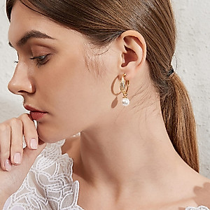 Pearl Hoop Earring Pearl Diamond Earrings Pearl Dangle Earrings Sterling Silver Pearl Earrings for Women Wedding Pearl Earring Huggies Large Gold Pearl Dangling Earring with Pearl 10MM