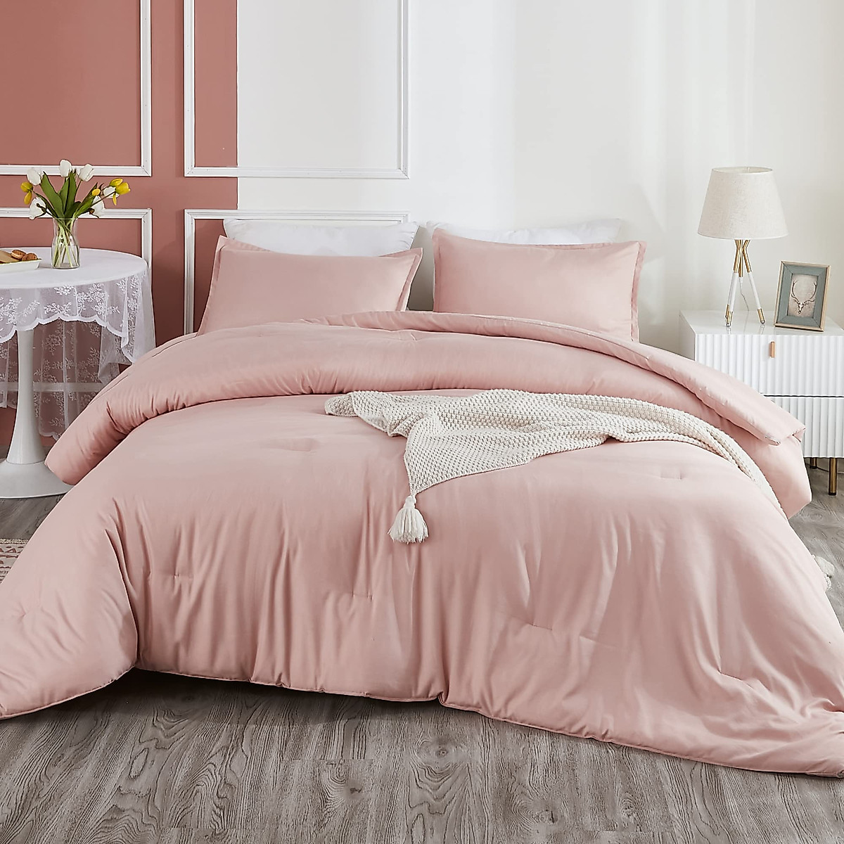 Litanika Pink Twin Comforter Set for Girls, 2 Pieces Kids Blush Plain Bedding Comforter Set, All Season Bed Set (66x90In Comforter & 1 Pillowcase)