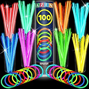 AZEN 100 Pcs Glow Sticks Bulk, 8 Inch Glow in the Dark Party Supplies Pack, Neon Party Favors Decorations Glow Necklaces and Glow Bracelets for Kids