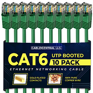 Cable Central LLC Cat 6 Ethernet Cable 100 Feet (10 Pack) High Speed Internet Patch Cord Cat 6 with RJ45 Connector - Green UTP Booted 100 Ft Computer Network Cable, Internet Cable, Cat 6 Cable