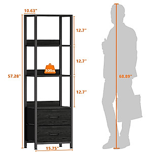 Furnulem 4-Tier Corner Shelf, Bookshelf with 2 Storage Drawers, 57.28”Tall Narrow Bookcase, Standing Shelf Organizer Unit for Living Room, Bedroom, Metal Frame, Wood Display Shelf