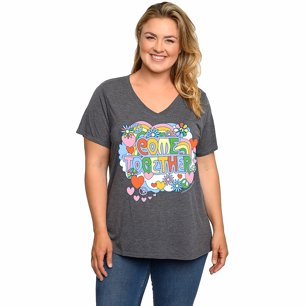 Beatles Plus Size Womens T-Shirt V-Neck Come Together Vintage Print (Charcoal, 4X)