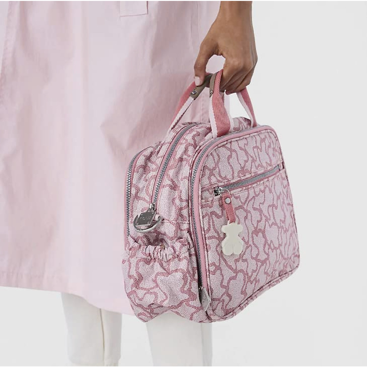 TOUS Pink Waterproof Vinyl Combined with Calfskin Leather Baby Bag for Women, 40x25x20 cm, Kaos New Colores Collection