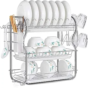 Plate Rack Draining Dish Rack 3 Tier Dish Drainer Rack Holder Dish Drying Rack Plate Dish Cup Cutlery Drainer Rack Plates Holder Pan Plate Holder