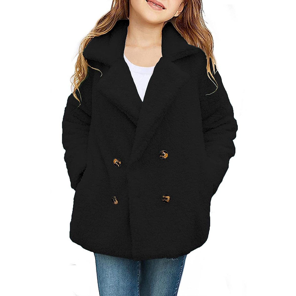 Nirovien Toddler Girls Fleece Jacket Lapel Button Up Teddy Long Coat Faux Warm Outerwear with Pockets(Black,4-5T)