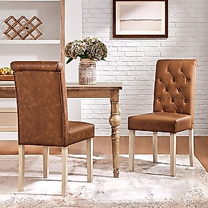 Yaheetech Faux Leather Dining Chairs Set of 2 Parsons Button Tufted Chairs with Rubber Wood Legs and High Back for Kitchen Living Room Lounge, Retro Brown
