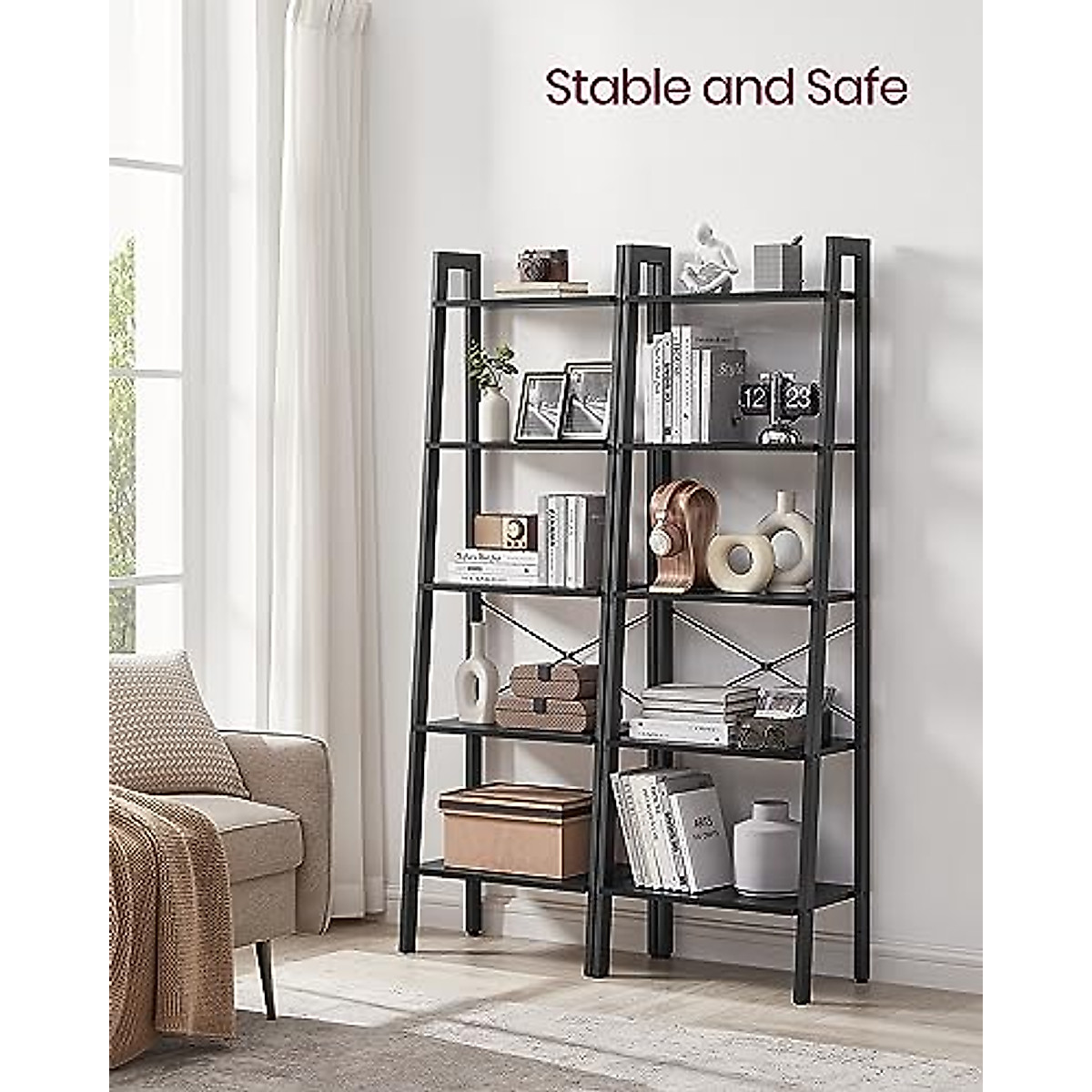 VASAGLE Ladder Shelf, 5-Tier Bookshelf, Storage Rack, Bookcase with Steel Frame, for Living Room Home Office, Kitchen, Bedroom, Industrial Style, Ebony Black + Black
