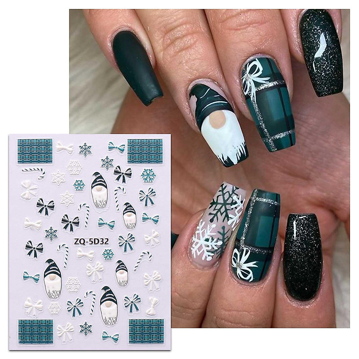 JMEOWIO 3D Embossed Christmas Nail Art Stickers Decals Self-Adhesive Pegatinas Uñas 5D Snowflake Xmas Winter Holiday Green Nail Supplies Nail Art Design Decoration Accessories 4 Sheets