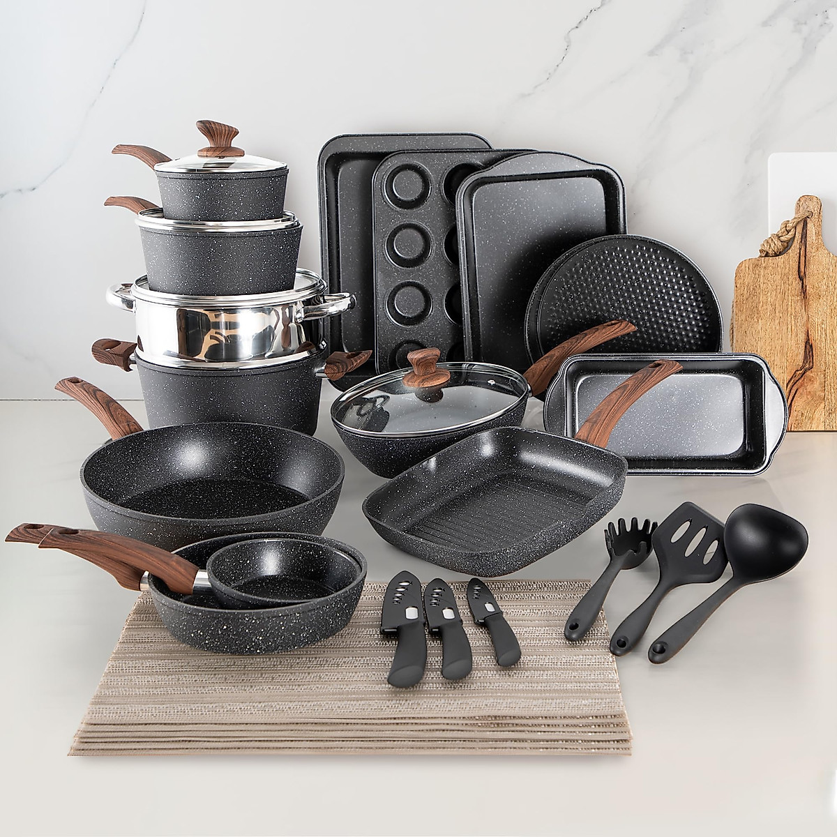 30 Piece Pots and Pans Set Non Stick, Granite Induction Cookware Sets, Nonstick Kitchen Cookware Sets, Non Toxic Cookware Set with Frying Pans and Saucepan, Kitchen Pots and Pans Set, Black