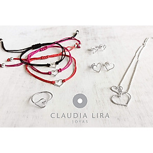 Claudia Lira Joyas Black Womens Friendship Bracelet, Small Handmade Sterling Silver 925 Open Heart Shaped Charm, Pull Adjustable Kindred Cord Thread. Handmade Heart Gift Set