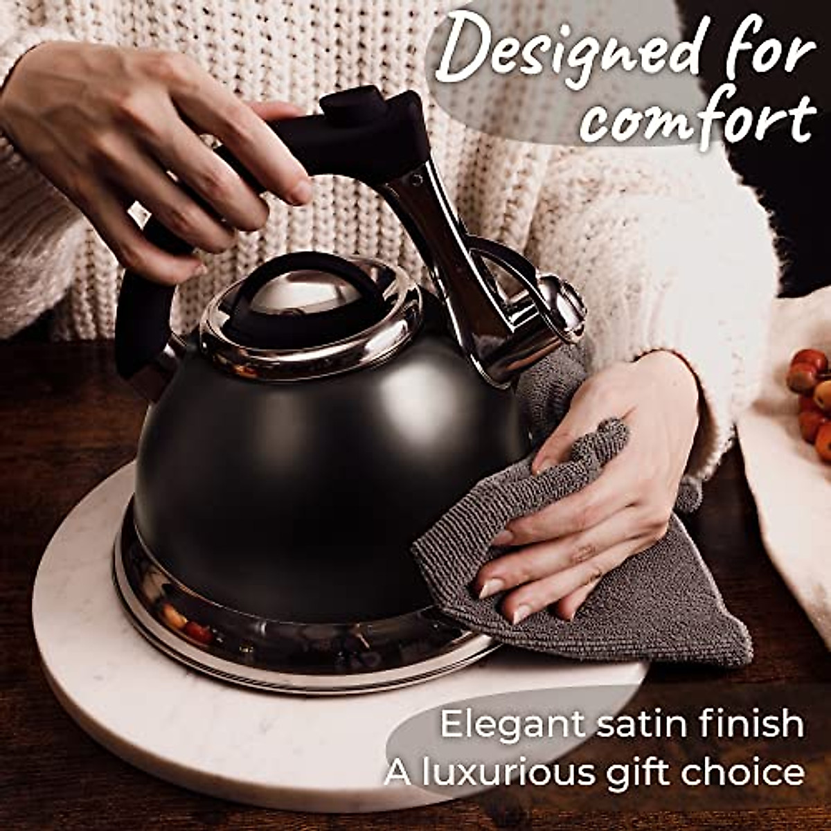 Whistling Tea Kettle with iCool - Handle, Surgical Stainless Steel Teapot for Stovetop, 2 FREE Infusers Included, 3 Quart by Pykal