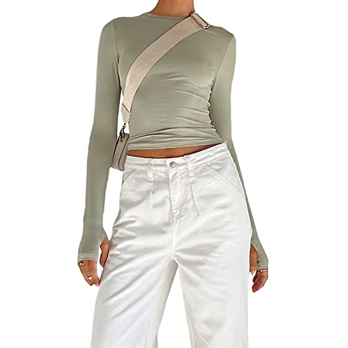 Women's Slim Fit Going Out Crop Tops Casual Solid Color Crew Neck Long Sleeve Tight Tee Shirt Basic Streetwear