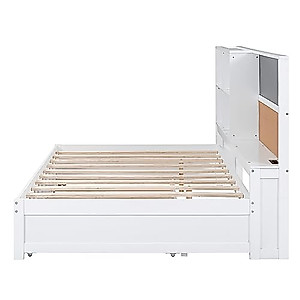 BOVZA Wooden Full Size Daybed with Twin Trundle, USB Ports, Storage Shelves, Blackboard, Cork Board, White