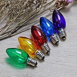 MEILUX 25 Pack C7 LED Night Light Bulbs Multicolor, Christmas Replacement Bulbs E12 Candelabra Base Shatterproof Plastic Lights, 0.6W Equivalent to 7W, Chandelier Candle String Light Bulbs