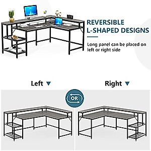 Tribesigns 69 Inch L Shaped Desk with Monitor Stand, Large Reversible Corner Desk with Storage Shelf, Industrial Computer Table Writing Desk for Home Office, Gray