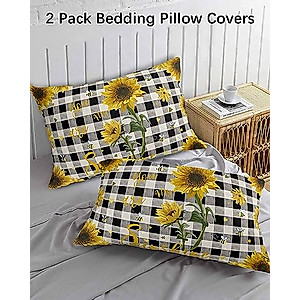 Summer Sunflower Pillow Covers Standard Size Set of 2 20x26 Bed Pillow, Black White Plaid Spring Floral Bee Rustic Wood Plush Soft Comfort for Hair/ Skin Cooling Pillowcases with Envelop Closure