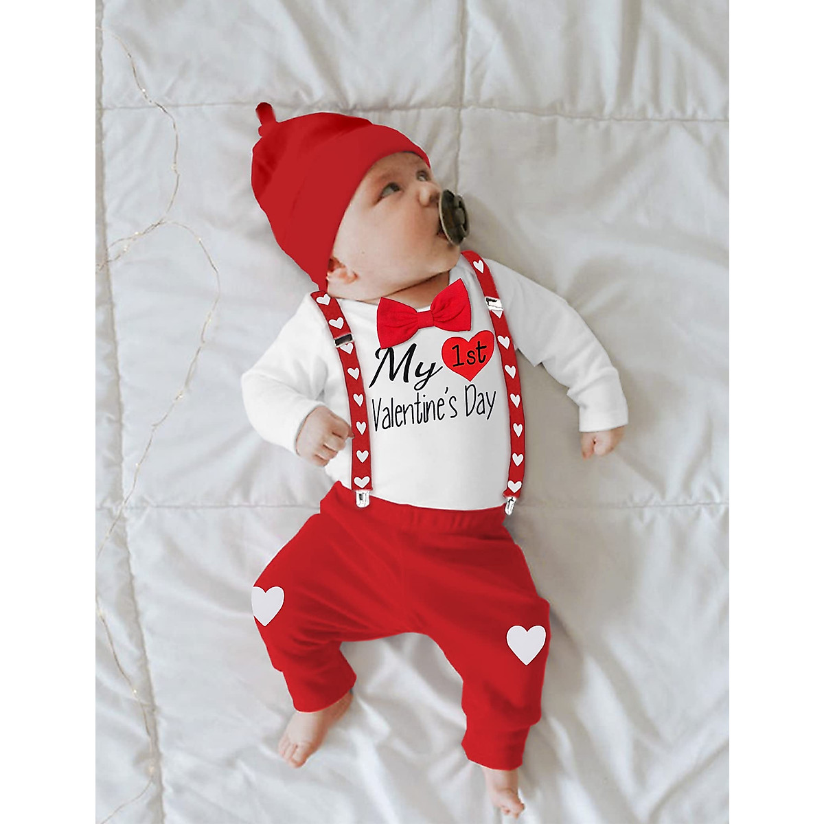 Dearnow Baby Boy Valentines Day Outfit 6-9 months My First Valentines Day Long Sleeve Romper+Suspender Pants+Hat 3Pcs Spring Outfit valentines baby boy outfit