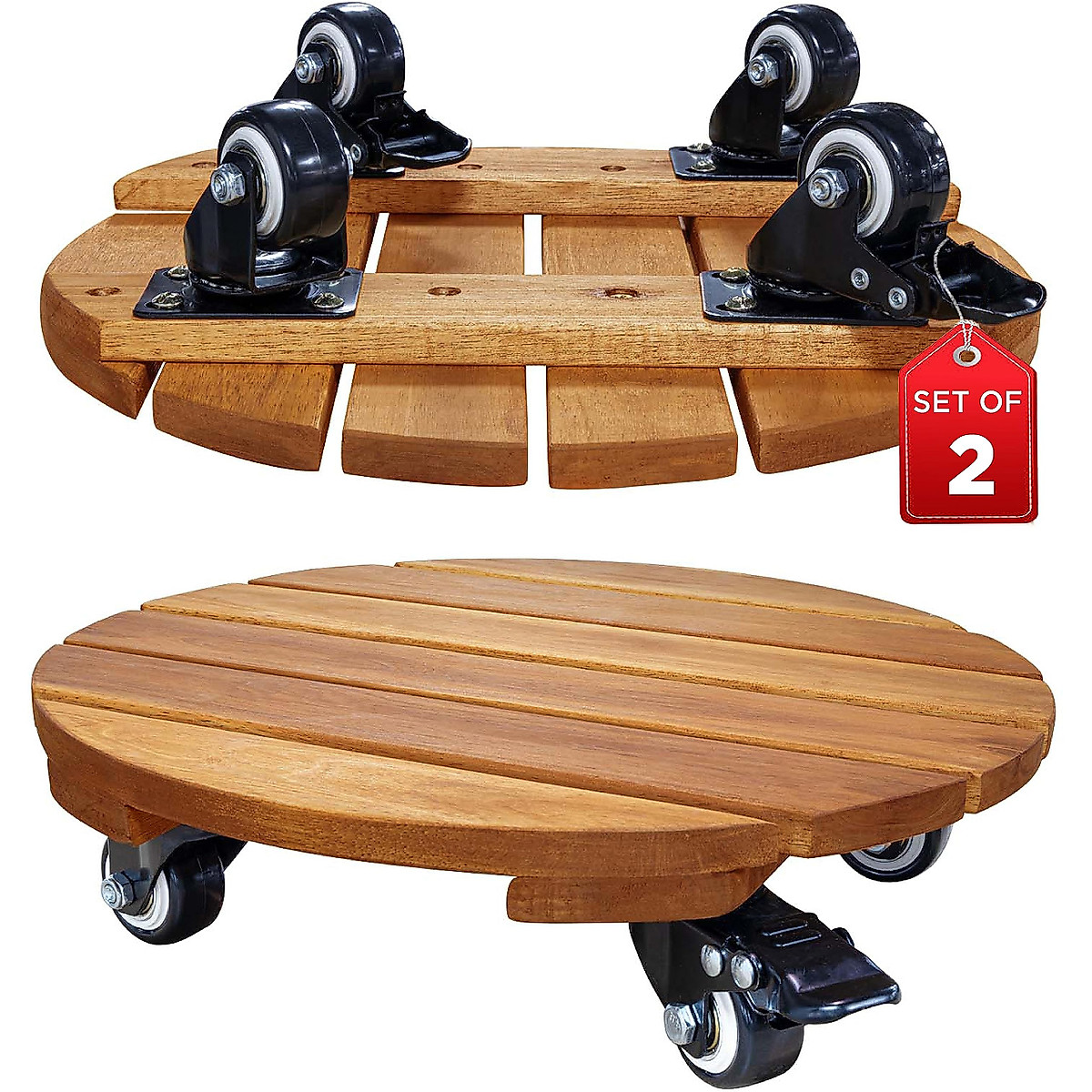 Idzo 2pack 14inches Wood Plant Caddy With Wheels Heavy Duty, 264 Lbs Capacity, Acacia Hardwood Plant Dolly, Plant Stand with 360° Lockable Wheels for Plant Pots, Heavy Objects Hauling - Natural Wood