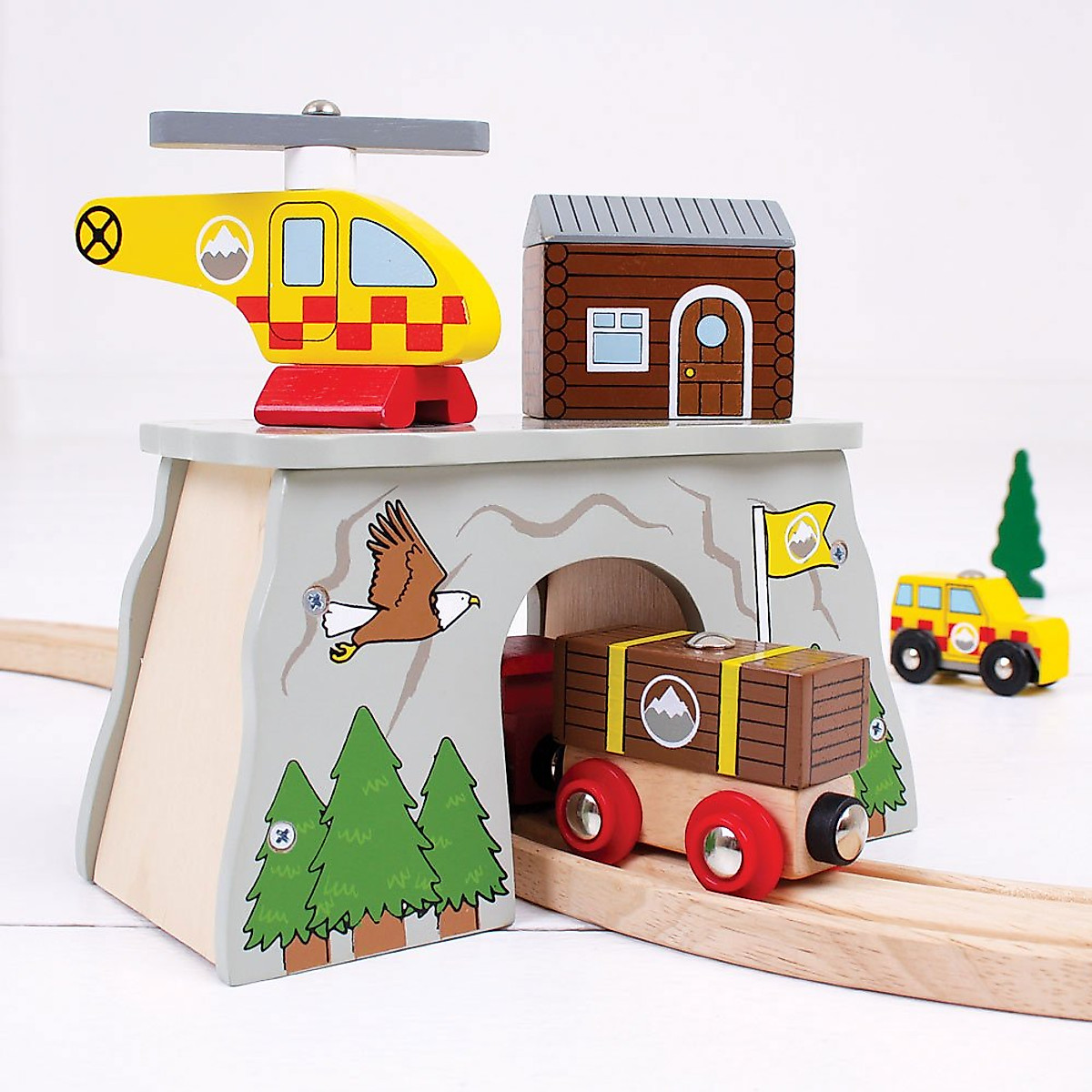 Bigjigs Rail Mountain Rescue Playset with Helicopter, Car, Log Cabin & Crate