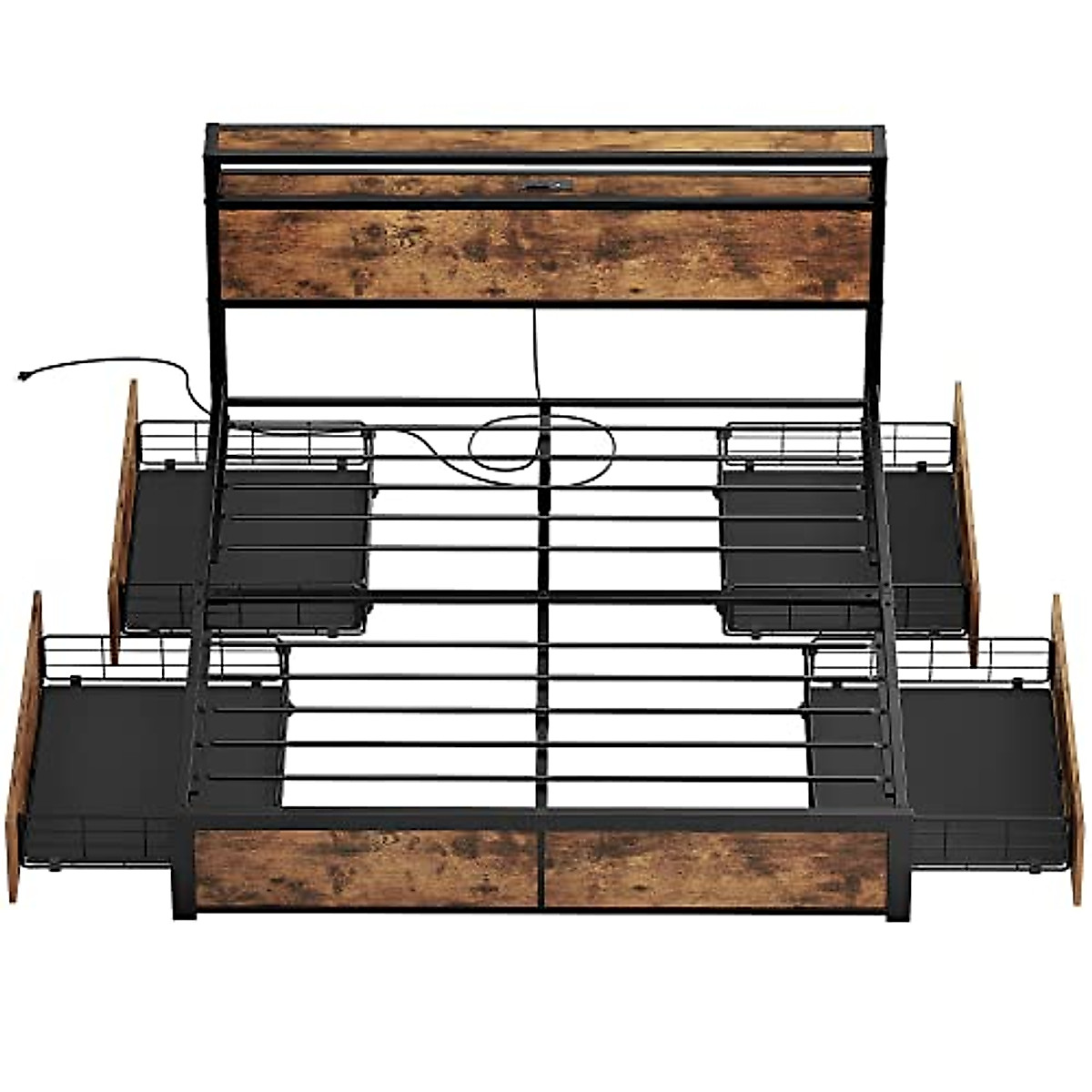 LIKIMIO Queen Bed Frame with Storage Drawer, 2-Tier Storage Headboard with Charging Station, No Box Spring Needed, Easy Assembly, Vintage Brown