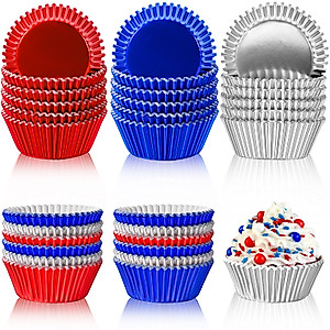 Mumufy 300 Count Foil Cupcake Liners 2 Inch Cupcake Wrappers Paper Bake Cup Set Foil Muffin Liners for Independence Day Christmas Halloween Party Supplies (Sliver, Red, Blue)
