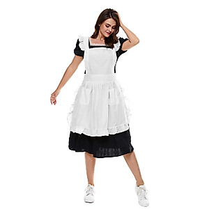 LilMents Retro Adjustable Ruffle Apron with Pockets, Small to Plus Size Ladies (White)