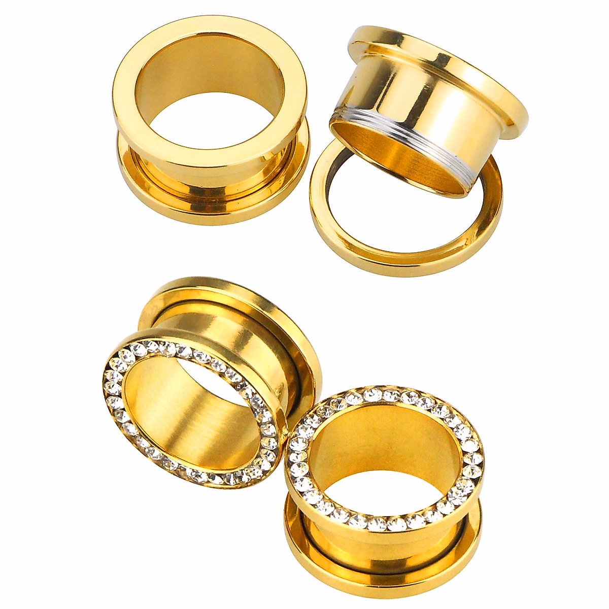 Awinrel 8 Pieces Black Gold Plated Stainless Steel Gem Rhinestones Screw Fit Ear Plug Gauges Flesh Tunnels Eyelet Stretcher Body Piercing Jewelry 10mm