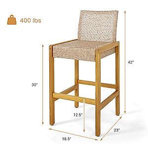 HAPPYGRILL Wicker Bar Stools Set of 2, Patio Chairs with Solid Wood Frame, Ergonomic Footrest, Indoor Outdoor Bar Height Chairs for Backyard Poolside Garden
