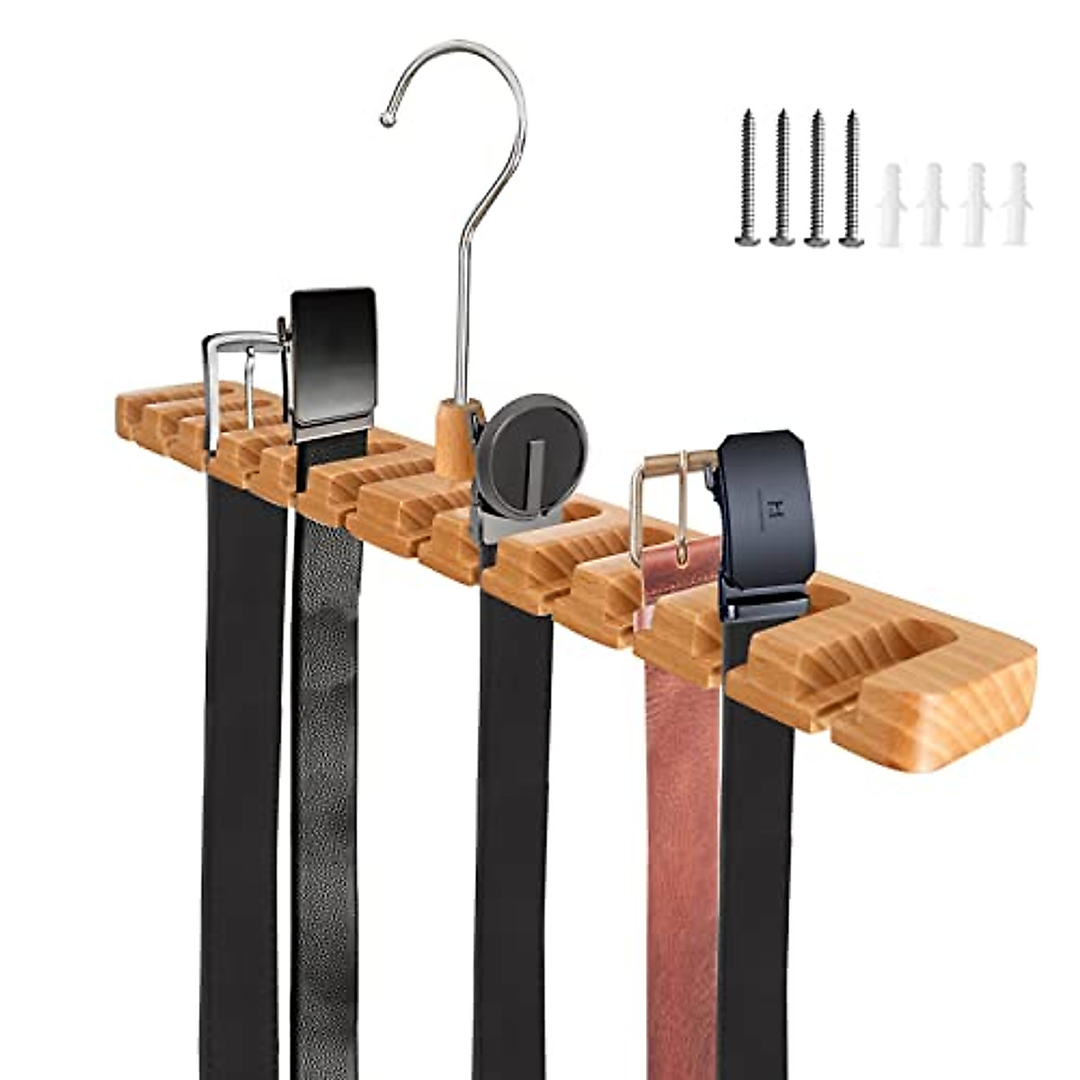 Hlimior Belt Hanger for Closet,2 in 1 Wooden Wall Mount 14 Belts Organizer Through-The-Wall Nails,Belt Rack 360°Swivel Hook,Tie and Belt Organizer Display for Closet,Door,Wall,1 Pack