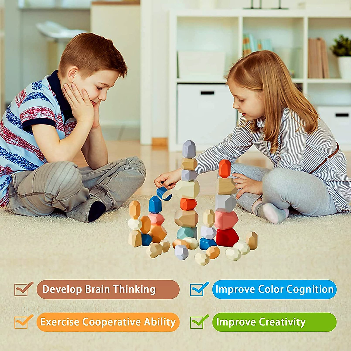 Aosmeol Balancing Stones,Wooden Rocks Stacking Stones,Colorful Stacking Rocks for Kids,Educational Balancing Rock Preschool Learning Puzzle Toy Gift for Children Boys Girls(36PCS)