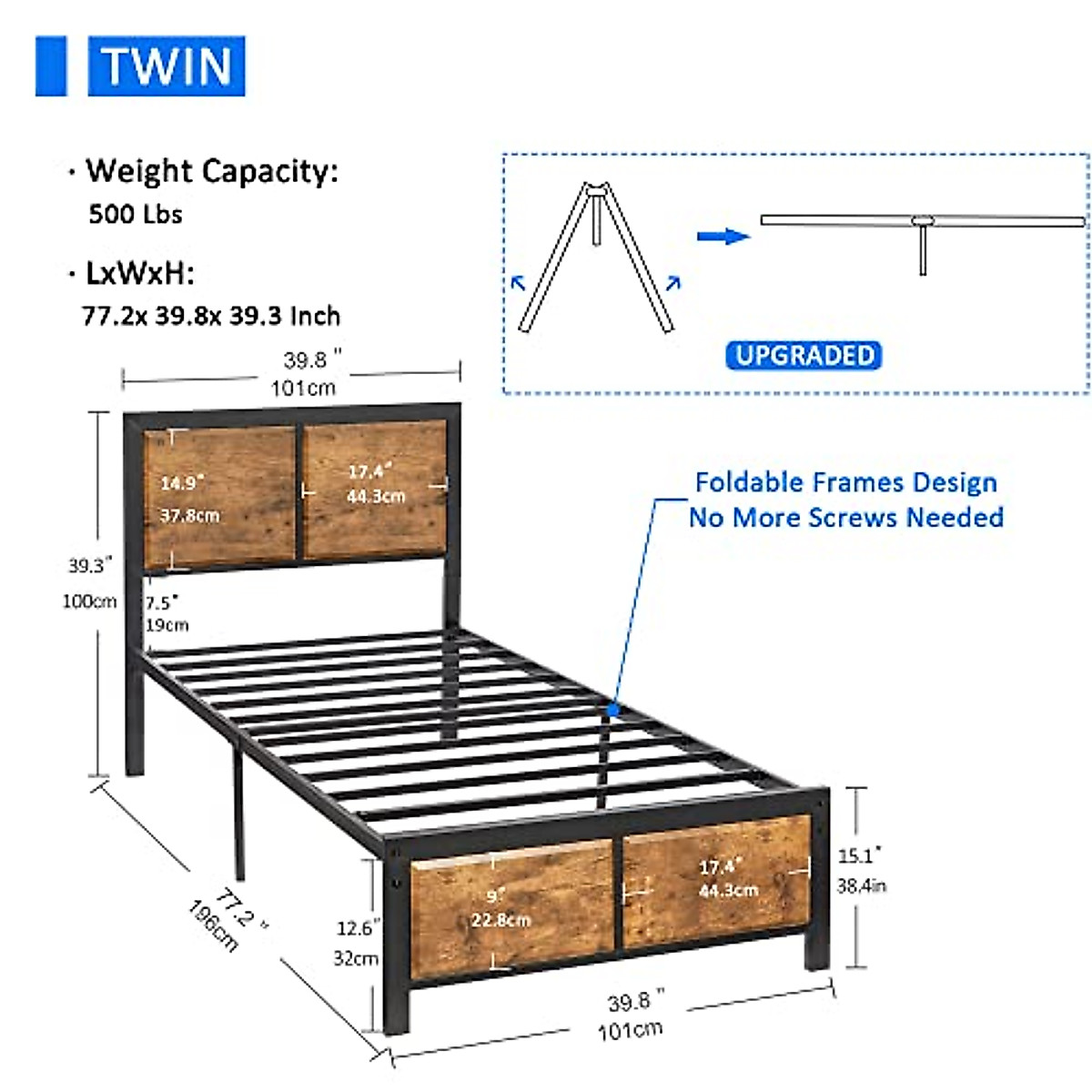 VECELO Twin Platform Bed Frame with Rustic Vintage Wood Headboard, Mattress Foundation, Strong Metal Slats Support, No Box Spring Needed
