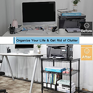 HUANUO Printer Stand, 3 Tier Printer Cart for Storage, Printer Table Holds up to 200lbs, Multifunctional Metal Utility Shelves, Workspace Desk Organizer, Rolling Cart for Home & Office Use, HNPS01