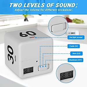 welltop Cube Timer, 2 Pack Kitchen Timer with 4 LED Light Alarm Kids Child Exercise Workout Gravity Sensor Flip Timer for Time Management and Countdown Settings (White - 1 3 5 10 and 15 20 30 60 min)