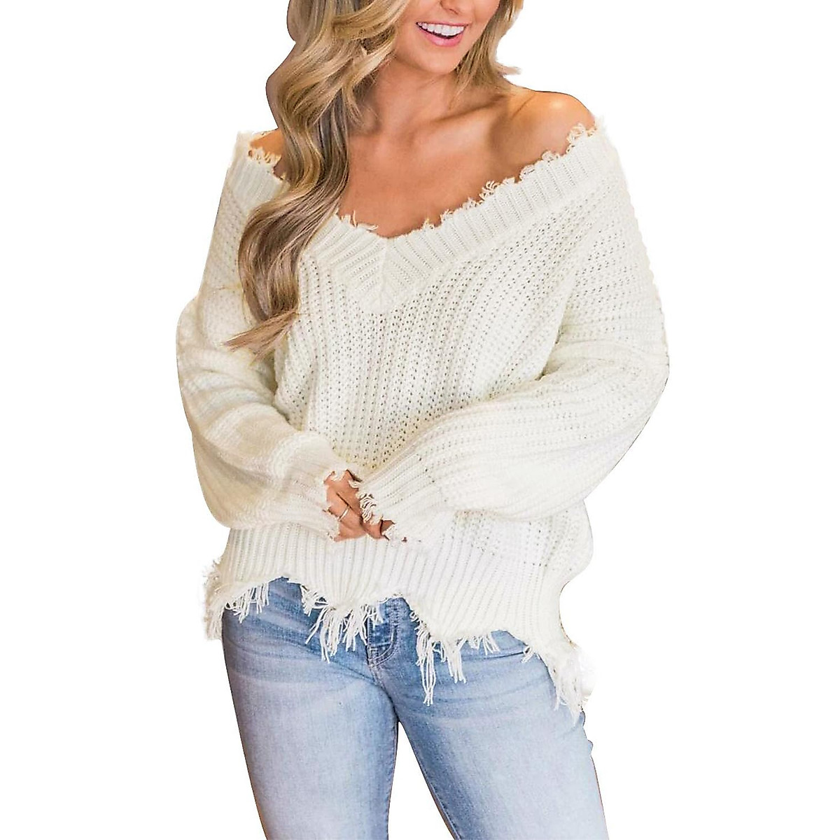 LAMISSCHE Womens Loose Knitted Off The Shoulder Sweater Solid V Neck Long Sleeve Pullover Ripped Crop Top(White,S)