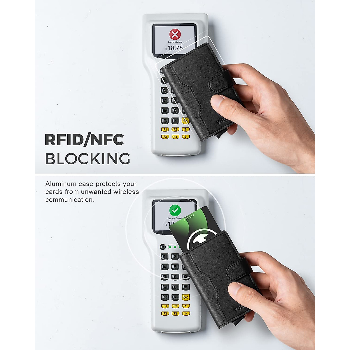 VULKIT Pop up Wallet Credit Card Holder with Leather Slots RFID Blocking Slim Metal Card Case for Men or Women(Black)