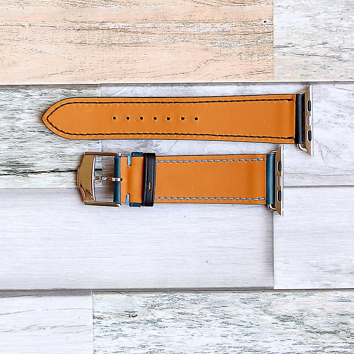 H2N Handmade Full Grain Leather Bands compatible with Apple Watch band 49mm / 45mm / 44mm / 42mm / 41mm / 40mm / 38 mm (38/40/41mm, Black/Navy blue)