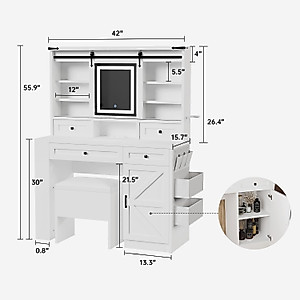 MXV 42" Large Vanity Desk with LED Lighted Mirror & Power Outlet, Makeup Vanity Table with Drawers & Cabinet, Make Up Vanity Desks, Movable Mirror, 3 Lighting Modes, for Bedroom, White