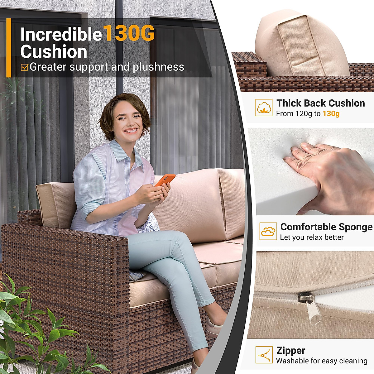 UDPATIO 3-Seat Patio Wicker Sofa, Outdoor Rattan Sectional Couch Furniture Steel Frame w/Furniture Cover Non-Slip Cushion and Deep Seating High Back, Khaki