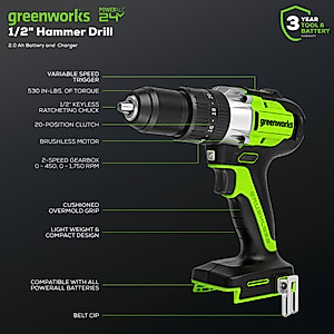 Greenworks 24V Brushless 1/2" Hammer Drill (530 in-lbs.) 2.0Ah Battery and Charger Included, DDG402