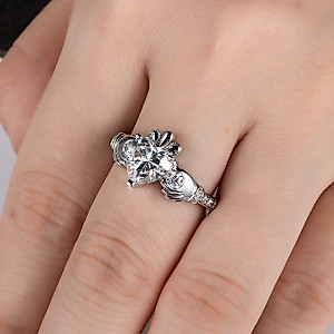 AnuClub 2.33cttw Moissanite Claddagh Irish Ring, Celtic Knot Crown Engagement Ring for Women, D Color and VVS1, 18K White Gold Plated 925 Sterling Silver, Gemstone, Moissanite