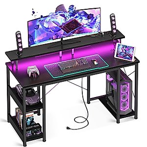 ODK 48 inch Gaming Desk with LED Lights & Power Outlets, Computer Desk with Monitor Stand & Storage Sheves, CPU Stand, Home Office Desk, Black